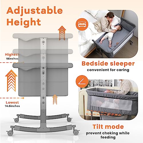 uiuwoo Bedside Crib for Baby, 3 in 1 Bassinet with Large Curvature Cradle, Adjustable and Movable Baby Bed with Mosquito Nets, Sleeper Safety Certificattion Guarantee