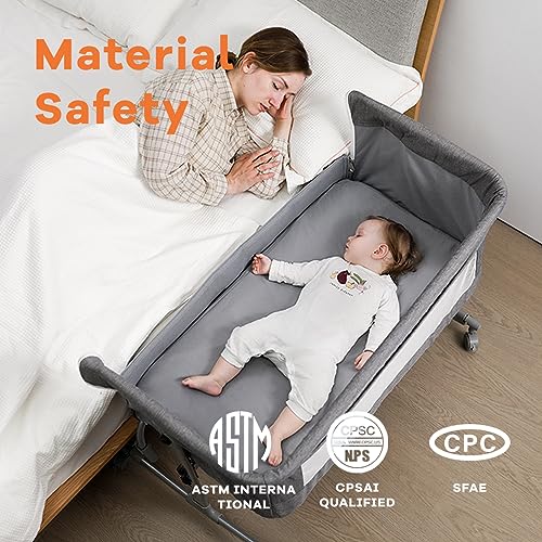 uiuwoo Bedside Crib for Baby, 3 in 1 Bassinet with Large Curvature Cradle, Adjustable and Movable Baby Bed with Mosquito Nets, Sleeper Safety Certificattion Guarantee