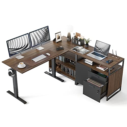 FEZIBO 66 Inch Executive L Shaped Standing Desk with 2-Drawer File Cabinet, Electric Height Adjustable Stand up Desk, Home Office Modern Wood Computer Desk with Shelves, Black Frame/Black Walnut Top