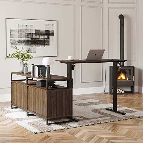 FEZIBO 66 Inch Executive L Shaped Standing Desk with 2-Drawer File Cabinet, Electric Height Adjustable Stand up Desk, Home Office Modern Wood Computer Desk with Shelves, Black Frame/Black Walnut Top