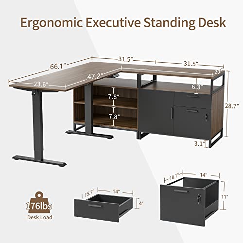 FEZIBO 66 Inch Executive L Shaped Standing Desk with 2-Drawer File Cabinet, Electric Height Adjustable Stand up Desk, Home Office Modern Wood Computer Desk with Shelves, Black Frame/Black Walnut Top