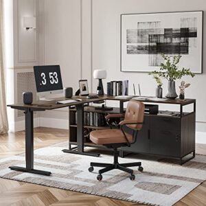 FEZIBO 66 Inch Executive L Shaped Standing Desk with 2-Drawer File Cabinet, Electric Height Adjustable Stand up Desk, Home Office Modern Wood Computer Desk with Shelves, Black Frame/Black Walnut Top