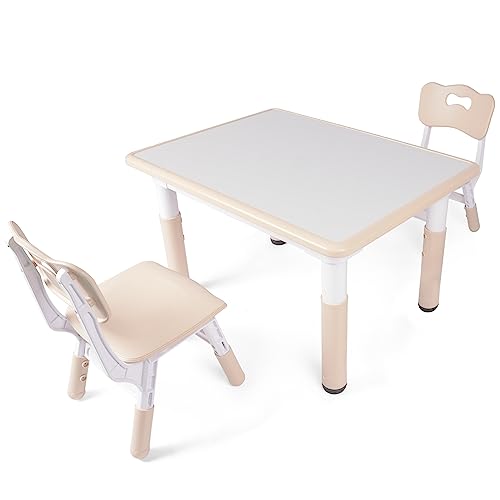 DOREROOM Kids Table and 2 Chairs Set, Height-Adjustable Toddler Table and Chair Set with Graffiti Desktop, 31.5''L x 23.6''W Children Activity Table for Daycare, Classroom, Home