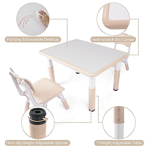 DOREROOM Kids Table and 2 Chairs Set, Height-Adjustable Toddler Table and Chair Set with Graffiti Desktop, 31.5''L x 23.6''W Children Activity Table for Daycare, Classroom, Home