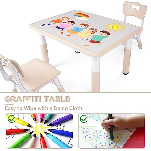 DOREROOM Kids Table and 2 Chairs Set, Height-Adjustable Toddler Table and Chair Set with Graffiti Desktop, 31.5''L x 23.6''W Children Activity Table for Daycare, Classroom, Home