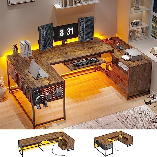 SEDETA L Shaped Computer Desk, Home Office Desk with File Drawer & Power Strip, L Shaped Gaming Desk with LED Light, Keyboard Tray, Pegboard, Storage Shelf, Rustic Brown