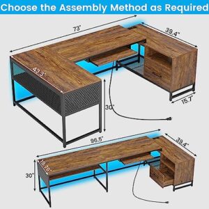 SEDETA L Shaped Computer Desk, Home Office Desk with File Drawer & Power Strip, L Shaped Gaming Desk with LED Light, Keyboard Tray, Pegboard, Storage Shelf, Rustic Brown