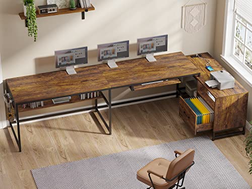 SEDETA L Shaped Computer Desk, Home Office Desk with File Drawer & Power Strip, L Shaped Gaming Desk with LED Light, Keyboard Tray, Pegboard, Storage Shelf, Rustic Brown