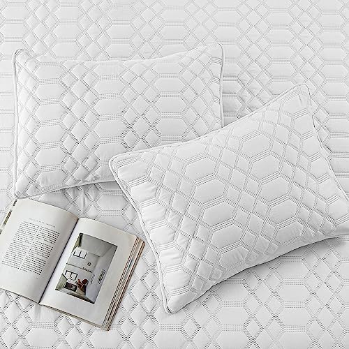 GREAGLE Quilts Queen Size, Full Size Lightweight Bedspread Coverlet Set with 2 Pillow Sham(20 x 26 in), (White, 90x90 Inches)