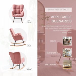 Ugijei Rocking Chair Nursery, Teddy Upholstered Glider Rocker with High Backrest, Modern Rocking Accent Chair for Nursery, Living Room, Bedroom (Pink)