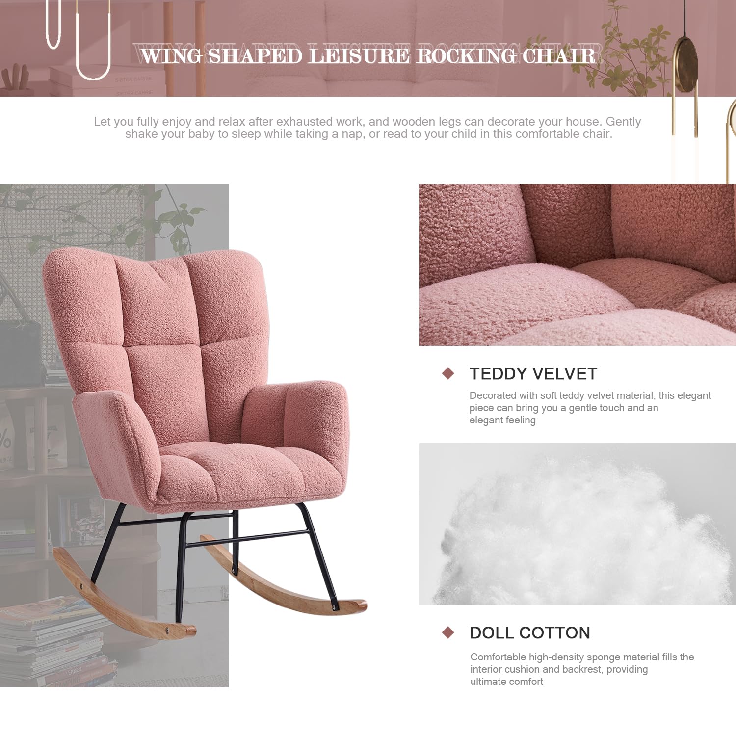 Ugijei Rocking Chair Nursery, Teddy Upholstered Glider Rocker with High Backrest, Modern Rocking Accent Chair for Nursery, Living Room, Bedroom (Pink)