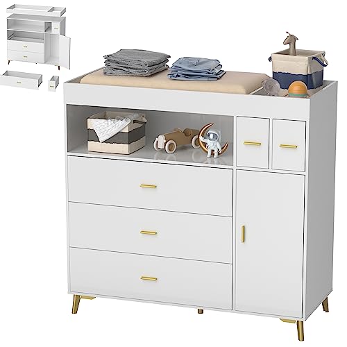 PAKASEPT Changing Table with Drawers, White Drawer Dresser, Changing Table Dresser with 5 Drawer & Cabinet