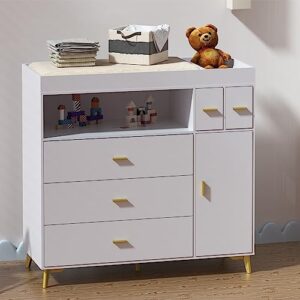 PAKASEPT Changing Table with Drawers, White Drawer Dresser, Changing Table Dresser with 5 Drawer & Cabinet