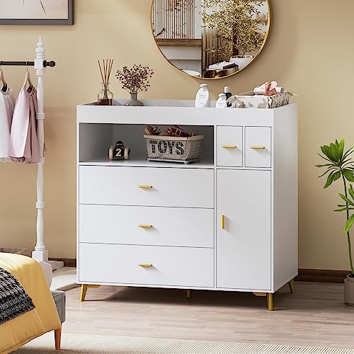 PAKASEPT Changing Table with Drawers, White Drawer Dresser, Changing Table Dresser with 5 Drawer & Cabinet