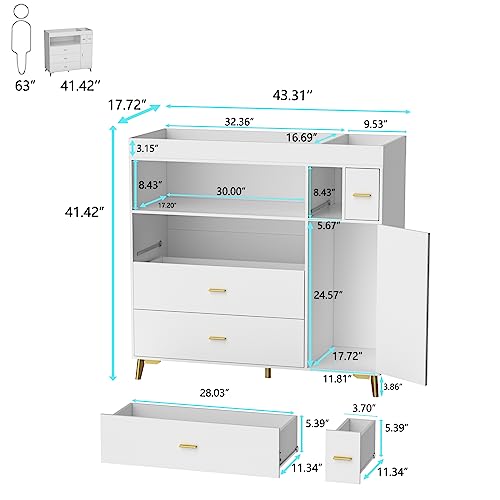 PAKASEPT Changing Table with Drawers, White Drawer Dresser, Changing Table Dresser with 5 Drawer & Cabinet