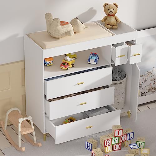 PAKASEPT Changing Table with Drawers, White Drawer Dresser, Changing Table Dresser with 5 Drawer & Cabinet