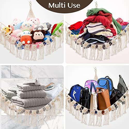 MIPON 59" Stuffed Animal Storage Hammock-Hanging Toy Organizers and Storage-Boho Wall Corner Hammock Net with LED Light and Hooks for Kids Room, Nursery, Bedroom Decor(Beige)