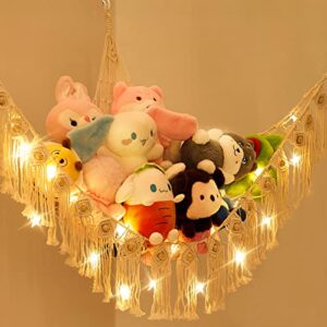 MIPON 59" Stuffed Animal Storage Hammock-Hanging Toy Organizers and Storage-Boho Wall Corner Hammock Net with LED Light and Hooks for Kids Room, Nursery, Bedroom Decor(Beige)