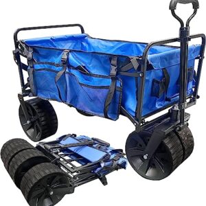 Beach Wagon Folding with Large Sand Wheels Heavy Duty Collapsible Cart with Patent Pending Beach Chair Holder Great for Ocean, Camping and Fishing – Solid Blue Color