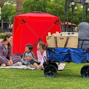 Beach Wagon Folding with Large Sand Wheels Heavy Duty Collapsible Cart with Patent Pending Beach Chair Holder Great for Ocean, Camping and Fishing – Solid Blue Color