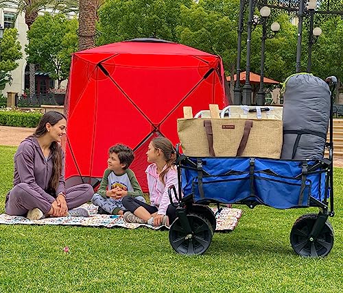 Beach Wagon Folding with Large Sand Wheels Heavy Duty Collapsible Cart with Patent Pending Beach Chair Holder Great for Ocean, Camping and Fishing – Solid Blue Color