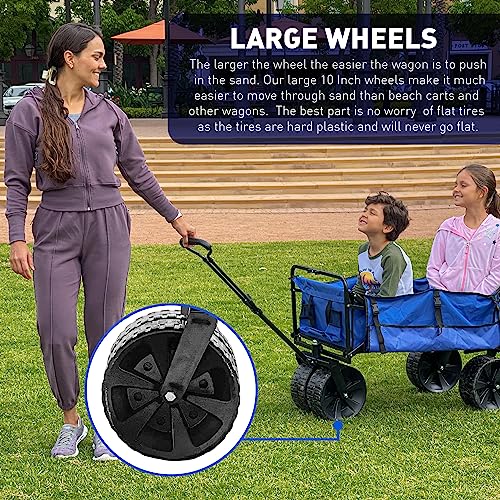 Beach Wagon Folding with Large Sand Wheels Heavy Duty Collapsible Cart with Patent Pending Beach Chair Holder Great for Ocean, Camping and Fishing – Solid Blue Color