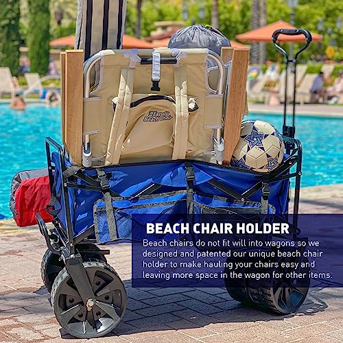 Beach Wagon Folding with Large Sand Wheels Heavy Duty Collapsible Cart with Patent Pending Beach Chair Holder Great for Ocean, Camping and Fishing – Solid Blue Color