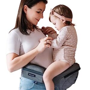 FLEEROSE - CPC-Certified Hip Seat Baby Carrier - New Ergonomic Bench Design, Multiple Pockets & Lumbar Support & Breathable Materials for Newborns & Toddlers, All Seasons & 4 Positions (Carrier, Grey)