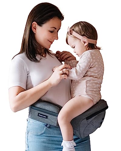 FLEEROSE - CPC-Certified Hip Seat Baby Carrier - New Ergonomic Bench Design, Multiple Pockets & Lumbar Support & Breathable Materials for Newborns & Toddlers, All Seasons & 4 Positions (Carrier, Grey)