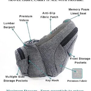 FLEEROSE - CPC-Certified Hip Seat Baby Carrier - New Ergonomic Bench Design, Multiple Pockets & Lumbar Support & Breathable Materials for Newborns & Toddlers, All Seasons & 4 Positions (Carrier, Grey)