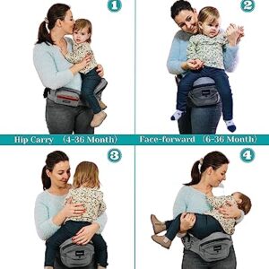 FLEEROSE - CPC-Certified Hip Seat Baby Carrier - New Ergonomic Bench Design, Multiple Pockets & Lumbar Support & Breathable Materials for Newborns & Toddlers, All Seasons & 4 Positions (Carrier, Grey)