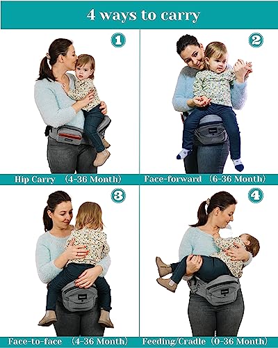 FLEEROSE - CPC-Certified Hip Seat Baby Carrier - New Ergonomic Bench Design, Multiple Pockets & Lumbar Support & Breathable Materials for Newborns & Toddlers, All Seasons & 4 Positions (Carrier, Grey)