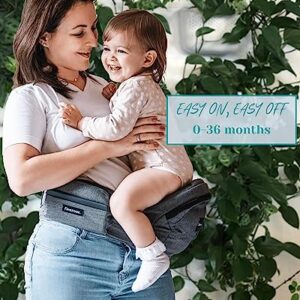 FLEEROSE - CPC-Certified Hip Seat Baby Carrier - New Ergonomic Bench Design, Multiple Pockets & Lumbar Support & Breathable Materials for Newborns & Toddlers, All Seasons & 4 Positions (Carrier, Grey)