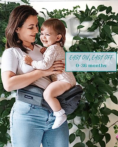 FLEEROSE - CPC-Certified Hip Seat Baby Carrier - New Ergonomic Bench Design, Multiple Pockets & Lumbar Support & Breathable Materials for Newborns & Toddlers, All Seasons & 4 Positions (Carrier, Grey)