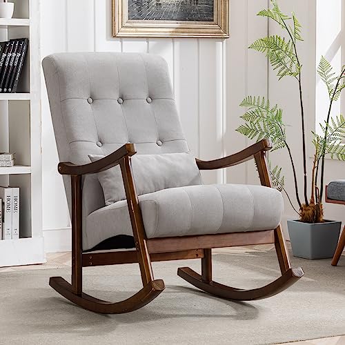 Bonzy Home Modern Rocking Chair Nursery, Comfy Button-Tufted Fabric Rocker Glider Arm Chair for Nursery, Upholstered Lounge Living Room Bedroom Reading Chairs for Mom, Gift, Lumbar Pillow, Light Gray