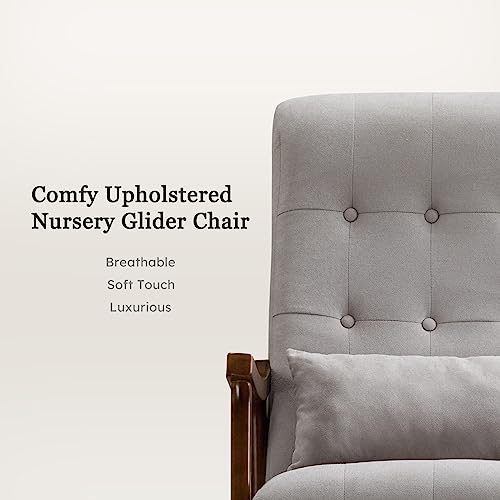 Bonzy Home Modern Rocking Chair Nursery, Comfy Button-Tufted Fabric Rocker Glider Arm Chair for Nursery, Upholstered Lounge Living Room Bedroom Reading Chairs for Mom, Gift, Lumbar Pillow, Light Gray