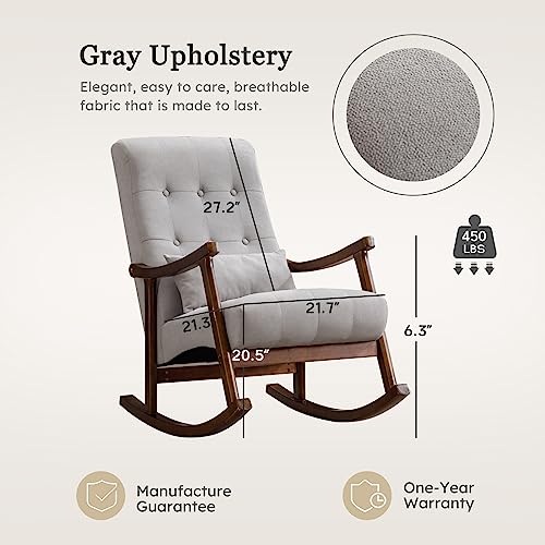 Bonzy Home Modern Rocking Chair Nursery, Comfy Button-Tufted Fabric Rocker Glider Arm Chair for Nursery, Upholstered Lounge Living Room Bedroom Reading Chairs for Mom, Gift, Lumbar Pillow, Light Gray