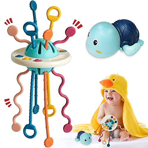 Baby Toys 6 to 12 Months, Sensory Montessori Toys for Babies 1+Year Old, Food Grade Silicone Pull String Teething Toys, Baby&Toddler Toys with Turtle Toy, Travel Toys, Gift for Babies 0-6 12-18 Months