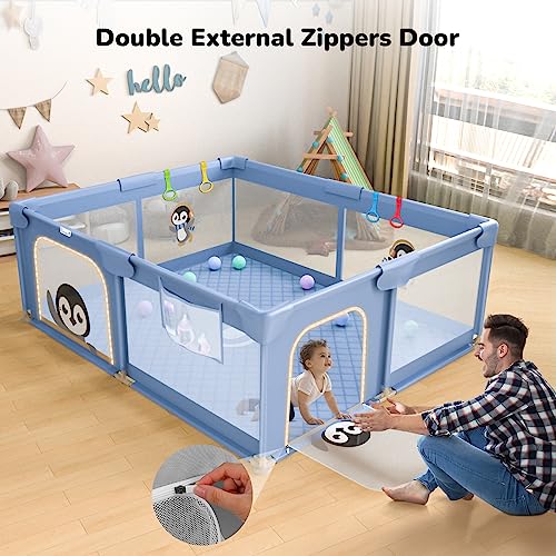 Baby Playpen for Babies and Toddlers, 71 x 59 inch Playpen with Mat, Unique Little Penguin Character Design, Soft Breathable Mesh Baby Play Yard for Indoor & Outdoor Family Time (Blue with Mat)