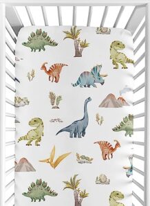 sweet jojo designs watercolor dinosaur dino baby boy fitted crib sheet infant newborn nursery toddler bed room standard mattress green slate blue white modern dinosaurs jurassic nature animal steel