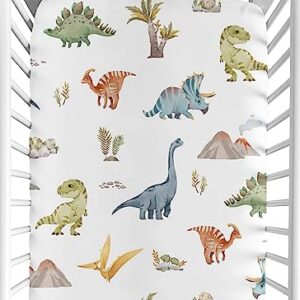 Sweet Jojo Designs Watercolor Dinosaur Dino Baby Boy Fitted Crib Sheet Infant Newborn Nursery Toddler Bed Room Standard Mattress Green Slate Blue White Modern Dinosaurs Jurassic Nature Animal Steel