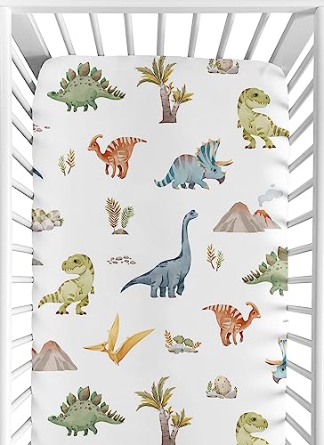 Sweet Jojo Designs Watercolor Dinosaur Dino Baby Boy Fitted Crib Sheet Infant Newborn Nursery Toddler Bed Room Standard Mattress Green Slate Blue White Modern Dinosaurs Jurassic Nature Animal Steel