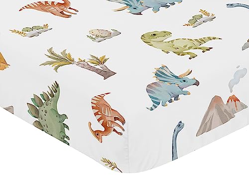 Sweet Jojo Designs Watercolor Dinosaur Dino Baby Boy Fitted Crib Sheet Infant Newborn Nursery Toddler Bed Room Standard Mattress Green Slate Blue White Modern Dinosaurs Jurassic Nature Animal Steel