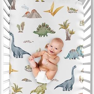 Sweet Jojo Designs Watercolor Dinosaur Dino Baby Boy Fitted Crib Sheet Infant Newborn Nursery Toddler Bed Room Standard Mattress Green Slate Blue White Modern Dinosaurs Jurassic Nature Animal Steel