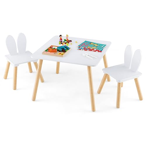 Costzon Kids Table and Chair Set, 3 Pieces Wooden Activity Play Table & 2 Cute Rabbit, Solid Wood Legs, Space-Saving Toddler Furniture for Preschool, Nursery, Children Playroom & Kindergarten (White)