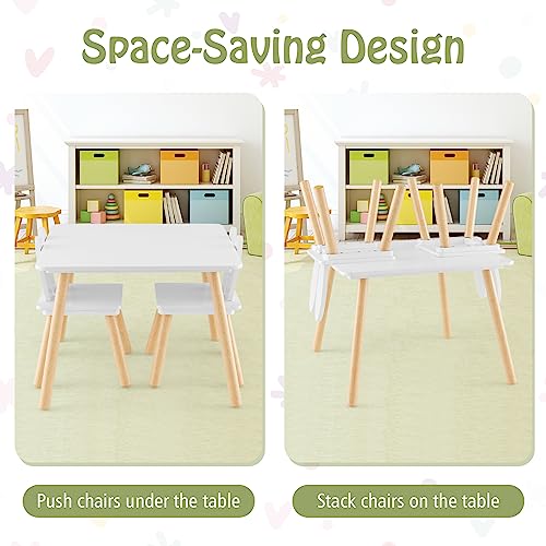 Costzon Kids Table and Chair Set, 3 Pieces Wooden Activity Play Table & 2 Cute Rabbit, Solid Wood Legs, Space-Saving Toddler Furniture for Preschool, Nursery, Children Playroom & Kindergarten (White)