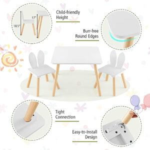 Costzon Kids Table and Chair Set, 3 Pieces Wooden Activity Play Table & 2 Cute Rabbit, Solid Wood Legs, Space-Saving Toddler Furniture for Preschool, Nursery, Children Playroom & Kindergarten (White)