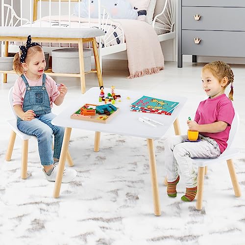 Costzon Kids Table and Chair Set, 3 Pieces Wooden Activity Play Table & 2 Cute Rabbit, Solid Wood Legs, Space-Saving Toddler Furniture for Preschool, Nursery, Children Playroom & Kindergarten (White)