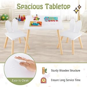 Costzon Kids Table and Chair Set, 3 Pieces Wooden Activity Play Table & 2 Cute Rabbit, Solid Wood Legs, Space-Saving Toddler Furniture for Preschool, Nursery, Children Playroom & Kindergarten (White)