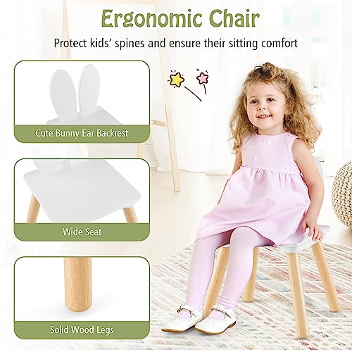 Costzon Kids Table and Chair Set, 3 Pieces Wooden Activity Play Table & 2 Cute Rabbit, Solid Wood Legs, Space-Saving Toddler Furniture for Preschool, Nursery, Children Playroom & Kindergarten (White)